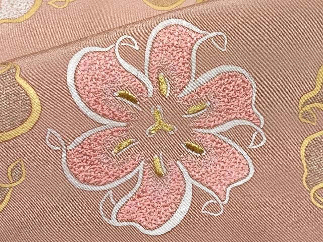 平和屋本店■極上　人間国宝　福田喜重　刺繍　訪問着　百合車　暈し染め　金銀彩　洒落柿色地　反端付き　逸品　CYAA2509s5 平和屋本店□極上 人間国宝 福田喜重 刺繍 訪問着 百合車 暈し染め