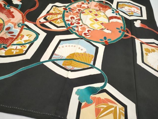 平和屋本店□極上 アンティーク 大正ロマン 振袖 駒刺繍 亀甲鏡裏文