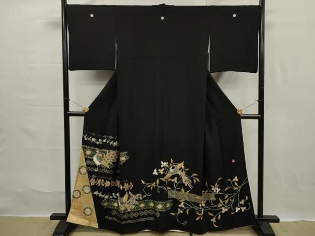 平和屋着物□豪華黒留袖 駒刺繍 孔雀花文 金彩 正絹 逸品 AAAZ6947st