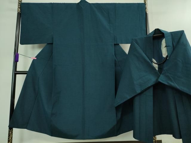 平和屋着物極上 男性 紬 アンサンブル 長羽織 色無地 藍色 羽裏・笹竹