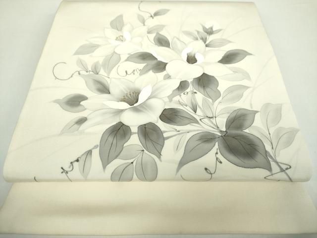 平和屋着物○塩瀬 九寸開き名古屋帯 作家物 手描き 草花文 金彩 正絹