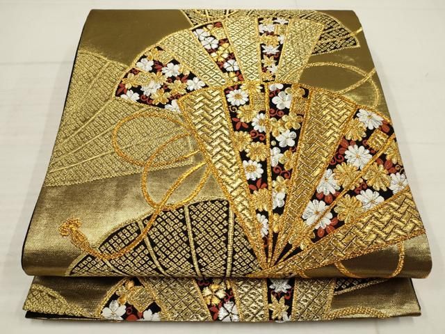 平和屋着物▽六通柄袋帯 扇面花文 黒地 金銀糸 正絹 逸品 AABB5040wj