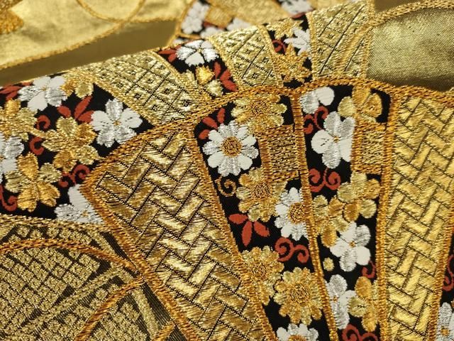 平和屋着物▽六通柄袋帯 扇面花文 黒地 金銀糸 正絹 逸品 AABB5040wj