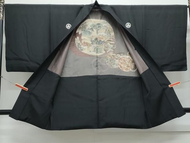 平和屋着物○男性 紬 市松文 黒地 正絹 逸品 AABC4160ck