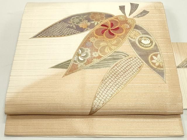 平和屋着物○九寸名古屋帯 刺繍 笹取り花唐草文 金彩 正絹 逸品