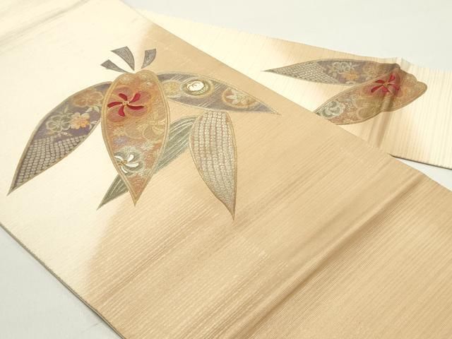 平和屋着物○九寸名古屋帯 刺繍 笹取り花唐草文 金彩 正絹 逸品