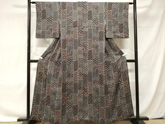 平和屋着物○上質な小紋 絞り 変わり縞 黒地 鬼しぼ縮緬 正絹 逸品