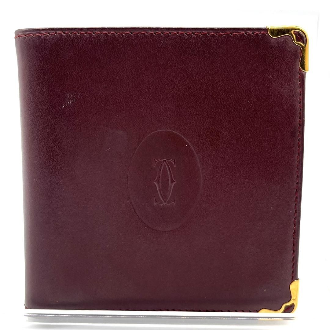 カルティエ マストライン 二つ折り財布 ボルドー レザー ゴールド金具