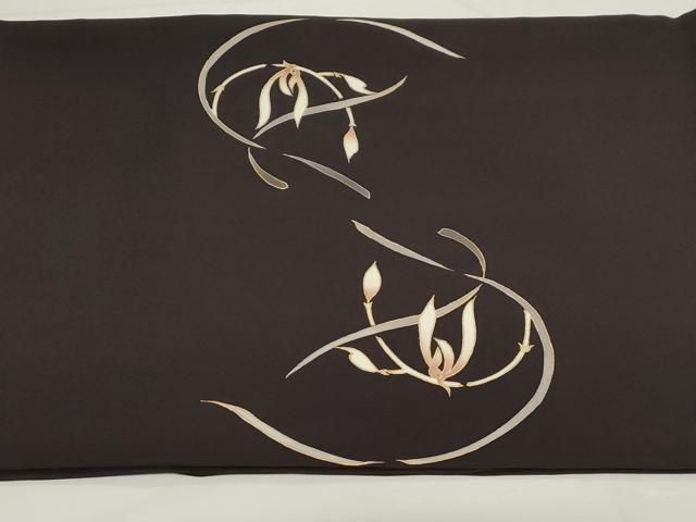 平和屋着物○塩瀬 九寸開き名古屋帯 駒刺繍 草花文 金彩 正絹 逸品