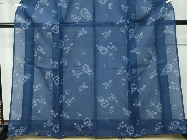 平和屋着物□極上 夏物 本場小千谷ちぢみ 笹松牡丹文 藍鉄色地 麻 逸品