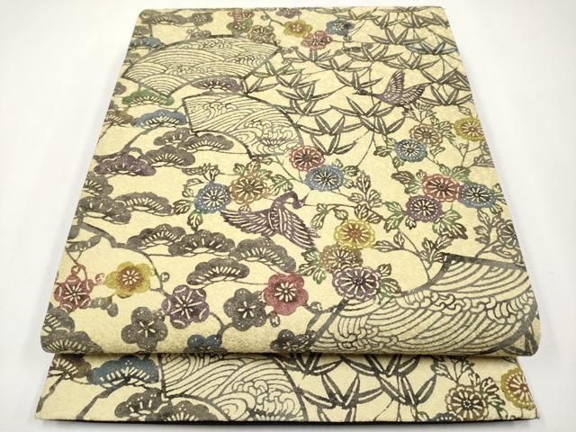 平和屋着物□極上 両面 両方向 全通柄袋帯 型染め 地紙飛鶴枝花文 金
