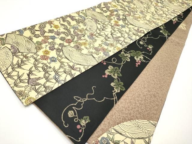 平和屋着物□極上 両面 両方向 全通柄袋帯 型染め 地紙飛鶴枝花文 金