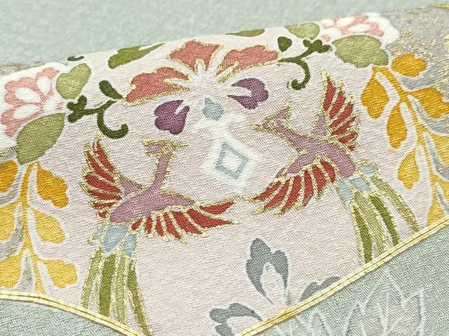 平和屋着物●豪華色留袖　駒刺繍　地紙飛鶴草花文　金彩　正絹　逸品　CAAZ0911vf 平和屋着物○豪華色留袖 駒刺繍 地紙鳳凰草花文 金彩 正絹 逸品