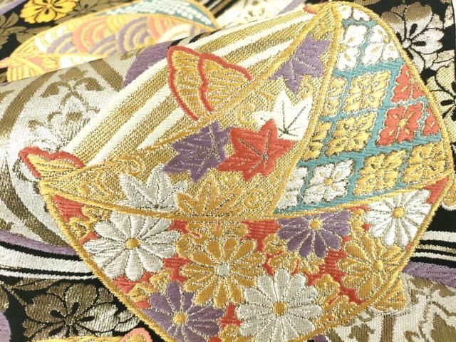 平和屋着物▽六通柄袋帯 糸巻花文 黒地 金銀糸 正絹 逸品 DAAX3729az