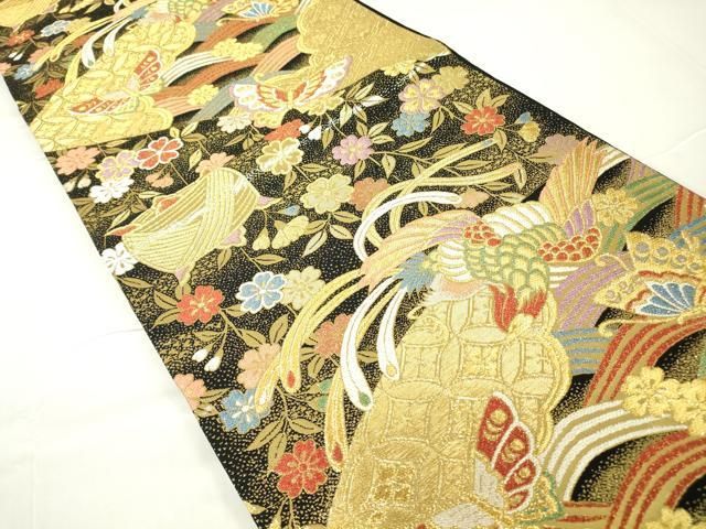 平和屋着物▽六通柄袋帯 鳳凰糸巻花蝶文 黒地 金糸 正絹 逸品