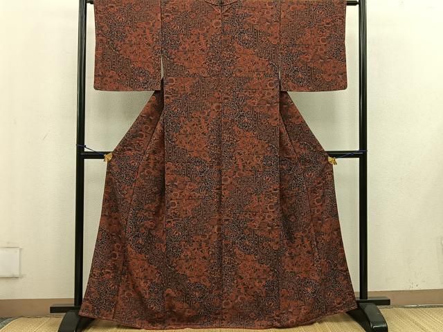 平和屋着物□上質な小紋 更紗花鳥文 鬼しぼ縮緬 正絹 逸品 未使用