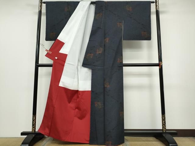 平和屋着物○本場大島紬 9マルキ 泥染め 屏風草花文 作田修二作 証紙