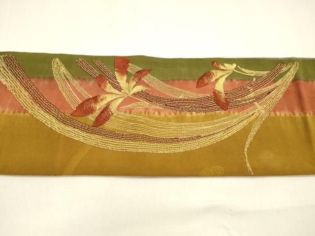 平和屋着物○アンティーク 大正ロマン 九寸名古屋帯 駒刺繍 草花文