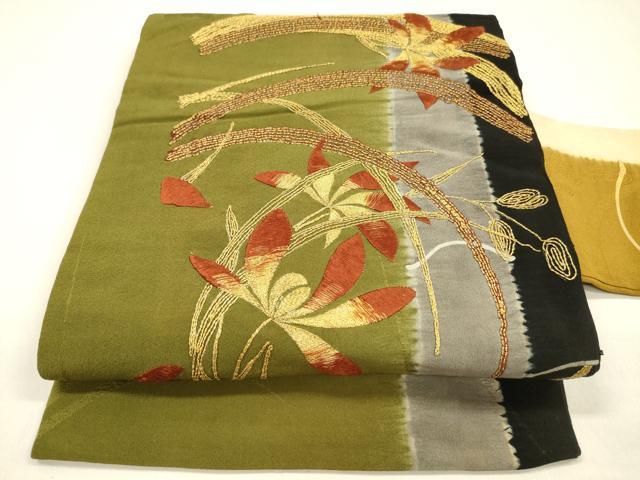 平和屋着物○アンティーク 大正ロマン 九寸名古屋帯 駒刺繍 草花文