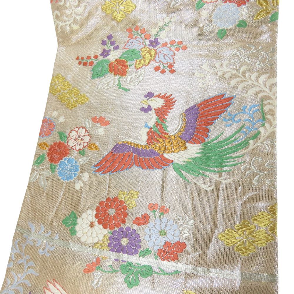 中古】 袋帯 正絹(金銀糸除く) シャンパンゴールド マルチカラー 鳳凰