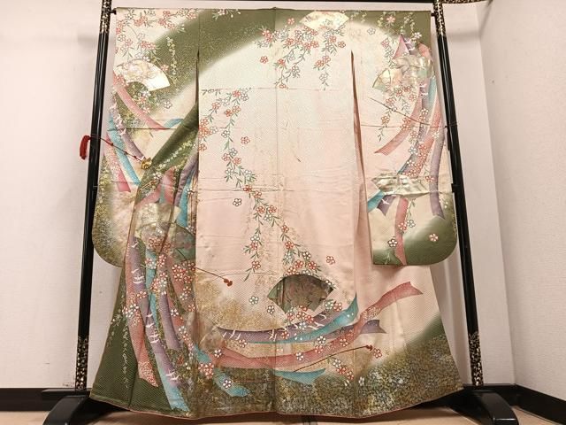 平和屋着物○豪華振袖 染水襲ね 地紙御所車飛鶴花文 暈し染め 金銀彩