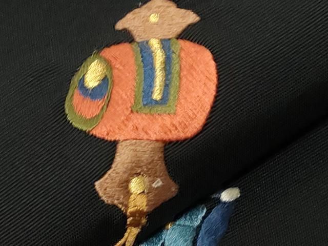 平和屋着物○九寸名古屋帯 総刺繍 宝尽くし文 黒地 金糸 未使用