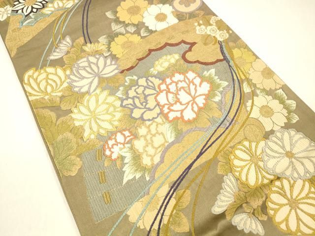 平和屋着物●六通柄袋帯　唐織　四季扇面文　金糸　正絹　逸品　DAAZ4350cm 平和屋着物○六通柄袋帯 唐織 四季扇面文 金糸 正絹 逸品 DAAZ4350cm