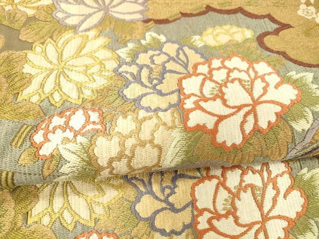 平和屋着物○六通柄袋帯 唐織 四季扇面文 金糸 正絹 逸品 DAAZ4350cm