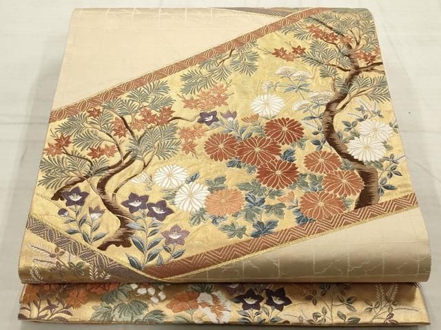平和屋着物▽六通柄袋帯 唐織 楽園草花文様 金糸 正絹 逸品 AABC6714wj