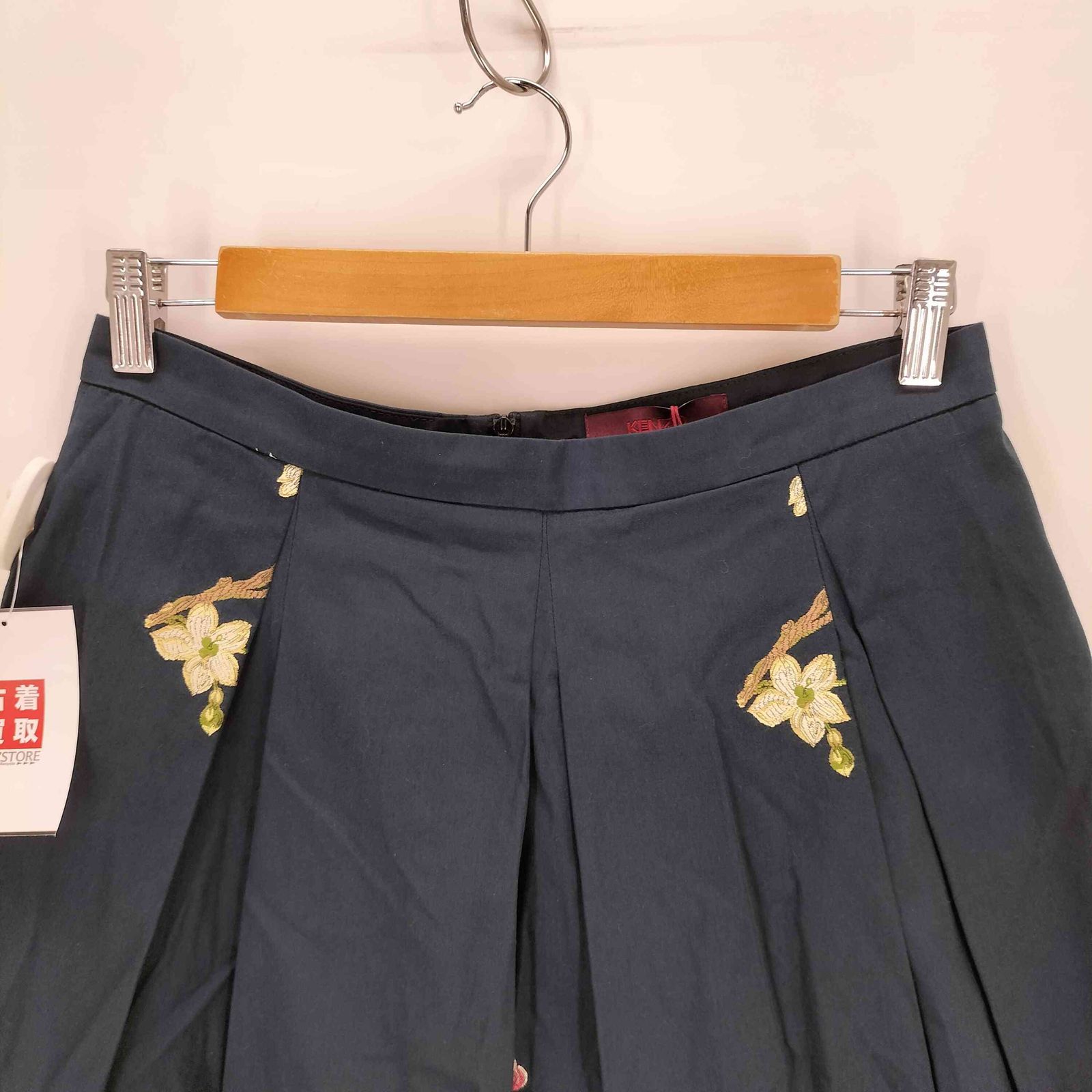 ケンゾー KENZO レーヨンコットン刺繍デザイン花柄プリーツスカート