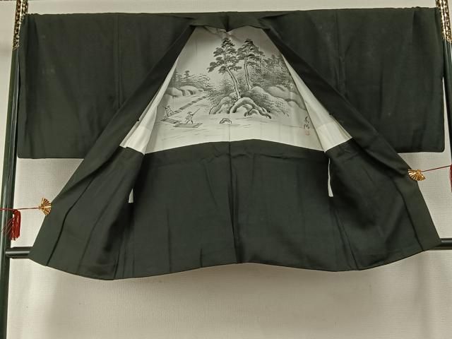 平和屋着物○男性 黒紋付 アンサンブル 羽織セット キングサイズ 正絹