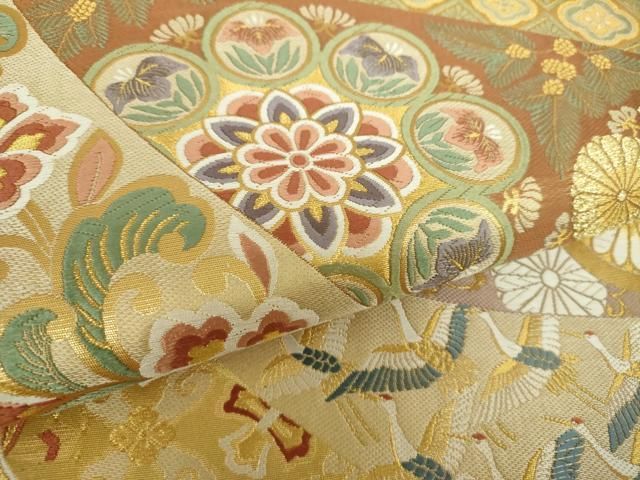平和屋着物○六通柄袋帯 唐織 御瑞 飛鶴吉祥花丸文 金糸 引箔 正絹