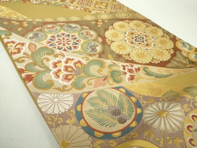 平和屋着物○六通柄袋帯 唐織 御瑞 飛鶴吉祥花丸文 金糸 引箔 正絹