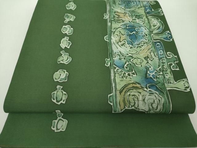 平和屋着物○両面 太鼓柄袋帯 作家物 紬地 ろうけつ染め 花間道 正絹