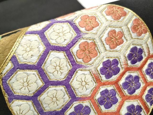 平和屋着物○アンティーク 大正ロマン 九寸名古屋帯 駒刺繍 草花文 金彩