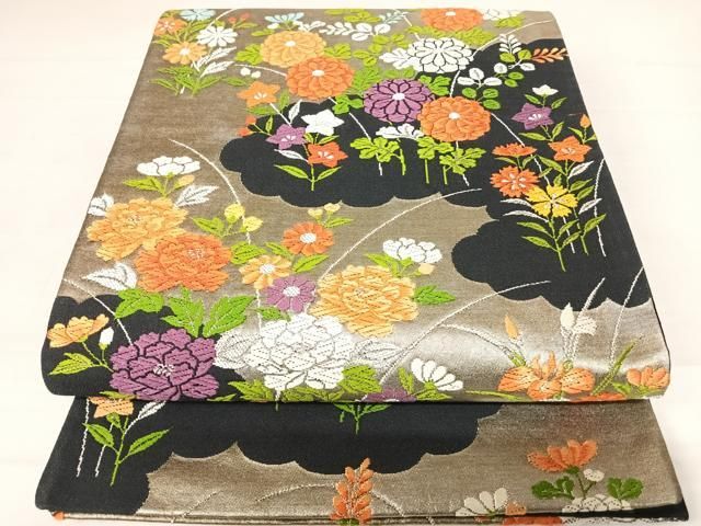 平和屋着物◎六通柄袋帯 唐織 雲取り草花文 黒地 銀糸 正絹 逸品
