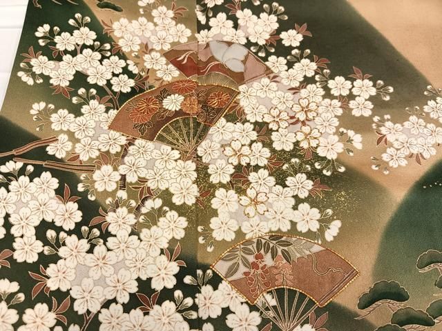 平和屋着物○訪問着 駒刺繍 扇面草花文 暈し染め 金銀彩 正絹 逸品