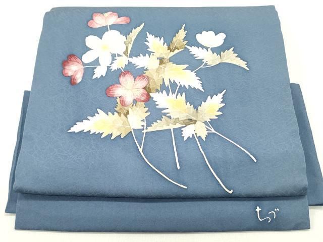平和屋着物○華道家 楠目ちづ つけ帯 手描き 草花文 銀糸 正絹 逸品 未