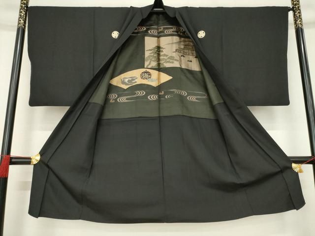 平和屋着物○男性 黒紋付 羽織 羽裏：風景文 正絹 逸品 AABD7602ck