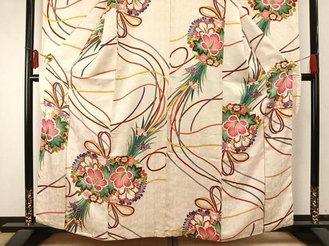 平和屋着物○セミアンティーク 振袖 駒刺繍 草花文 金糸 金彩 正絹