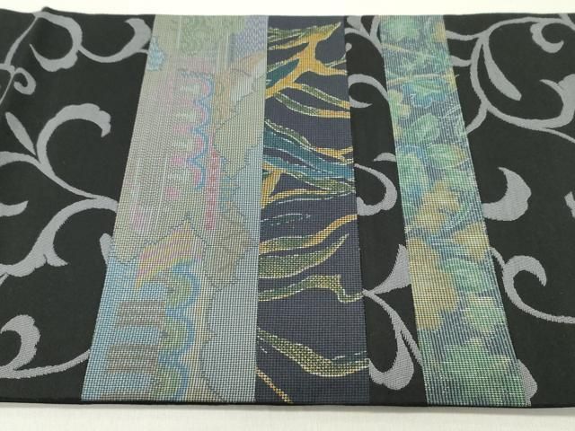 平和屋着物○六通柄袋帯 本場大島紬地 切嵌 花唐草横段文 黒地 さが美