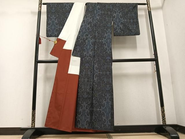 平和屋着物○本場大島紬 一元7マルキ 花唐草文 正絹 逸品 AABD4771ph