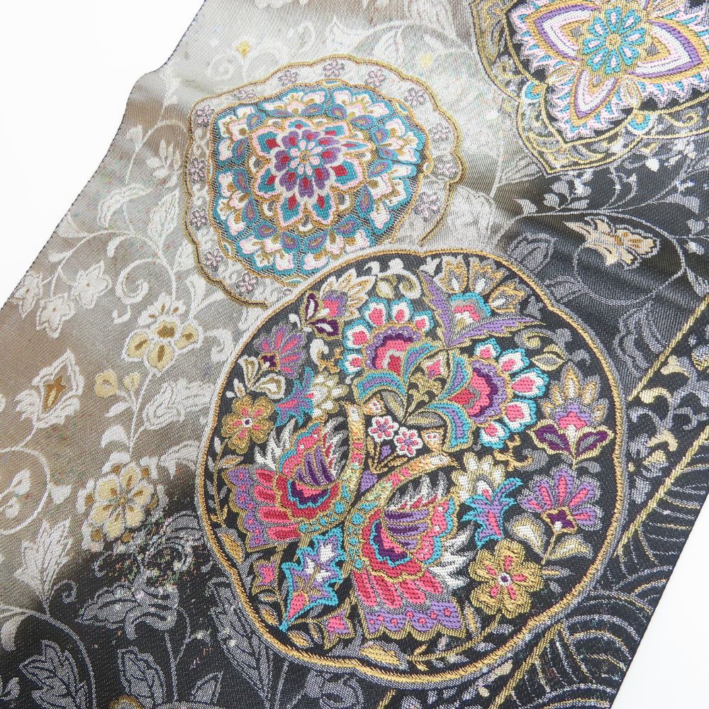 中古】 袋帯 煌良錦 正絹(金銀糸除く) シルバー系 ブラック 引き箔 花