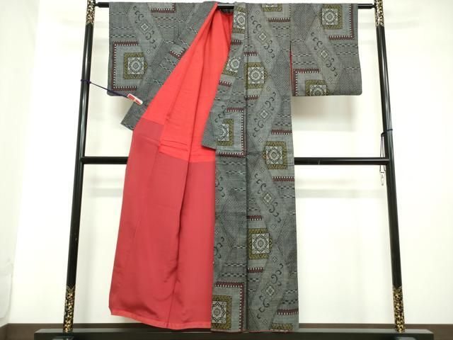 平和屋着物▽訪問着 本場大島紬 単衣 幾何学文様 正絹 逸品 AABC3955fy