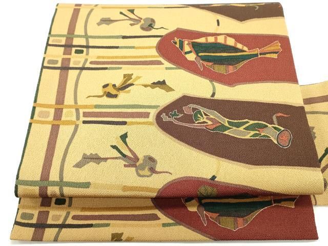 平和屋着物○全通柄九寸名古屋帯 型染め 成り物魚間道 金彩 鬼しぼ縮緬