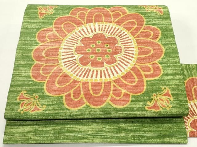 平和屋着物○九寸名古屋帯 紬地 型染め 舞花文 金彩 正絹 逸品