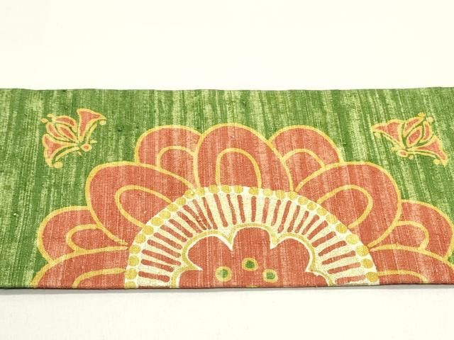 平和屋着物●九寸名古屋帯　紬地　型染め　更紗花唐草文　正絹　逸品　DAAZ3222ob 平和屋着物○九寸名古屋帯 紬地 型染め 舞花文 金彩 正絹 逸品