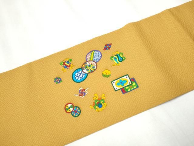 平和屋着物○九寸名古屋帯 型染め 吉祥花丸文 鬼しぼ縮緬