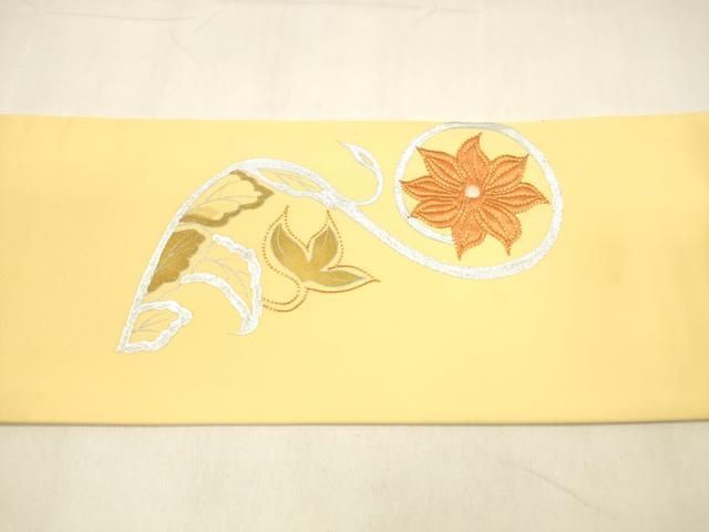 平和屋着物○塩瀬 九寸名古屋帯 駒刺繍 枝花文 金銀彩 正絹 逸品