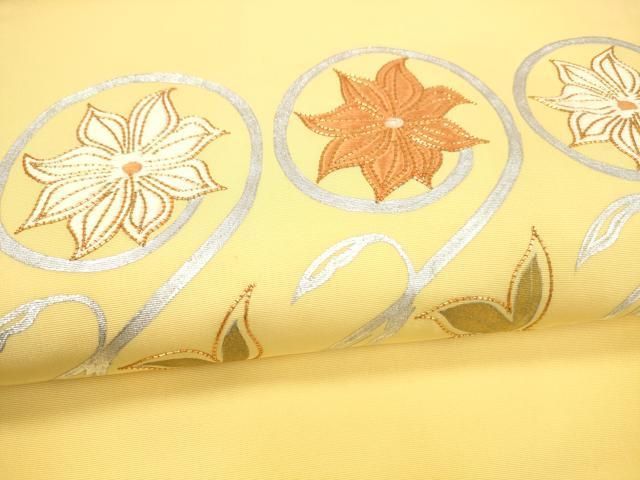 平和屋着物○塩瀬 九寸名古屋帯 駒刺繍 枝花文 金銀彩 正絹 逸品